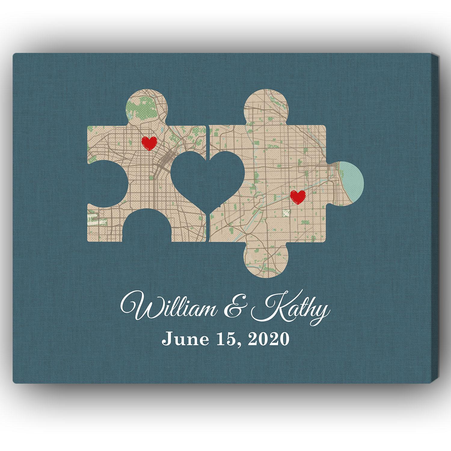 Blue Couple Puzzle Map - Personalized Anniversary or Valentine's Day g ...